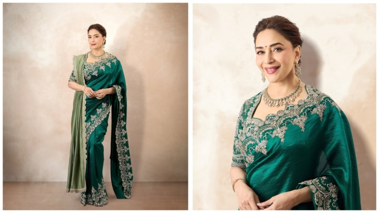 Madhuri Dixit decks up in emerald green saree and heavy jewellery in ...
